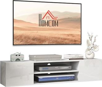 HOMCOM Meuble Banc TV Mural Suspendu Style Contemporain - 2 placards 2 Passe-c&acirc;bles et 2 niches centrales 140 x 30 x 30 cm Blanc