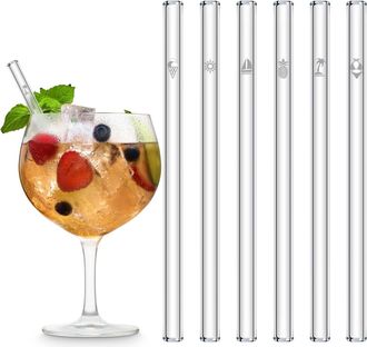 Halm Glas-Strohhalme - Summer Edition mit Gravur - 6 St&uuml;ck gerade 15 cm - Sommer Strohhalme - Wiederverwendbare Glas-Trinkhalme - inkl. plastikfreie Reinig
