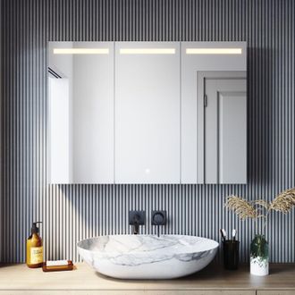 Sonni Spiegelschrank mit LED Beleuchtung 90x65cm Badspiegel Touch Steckdose Edelstahl Kabelloses Scharnier Design, 3 Lichtfarben Dimmbar Dreitüriger