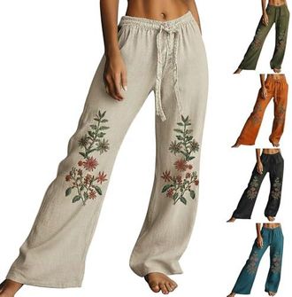 Generic Pantalon long en lin pour femme - Broderie florale - Pantalon en tissu d&eacute;contract&eacute; l&eacute;ger et a&eacute;r&eacute; - Taille &eacute;lastique - Pantalon de loisirs - D&eacute;contract