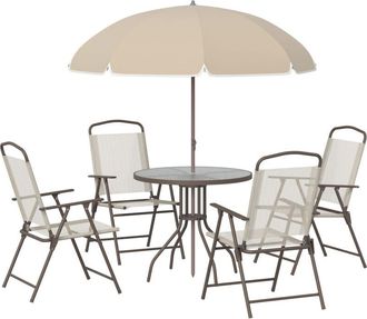OUTSUNNY Ensemble salon de jardin 6 pcs - table ronde + 4 chaises pliables + parasol - acier &eacute;poxy caf&eacute; textil&egrave;ne polyester beige