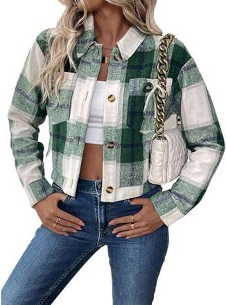 Generic Veste Femme D&eacute;contract&eacute;e &agrave; Carreaux Vintage, Surchemise Ample Patchwork &agrave; Manches Longues, Manteau Boutonn&eacute; Color Block