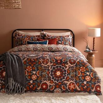 furn. Kinfolk Bettbezug Set - Wendbar Suzani Inspiriert Floral Geometrisch Fliese Baumwollmischung Pflegeleicht Bettw&auml;sche (Denimblau - King UK Standard - 2