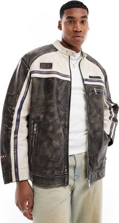 Asos Veste style motocross en cuir v&eacute;ritable avec &eacute;cussons - Noir d&eacute;lav&eacute;