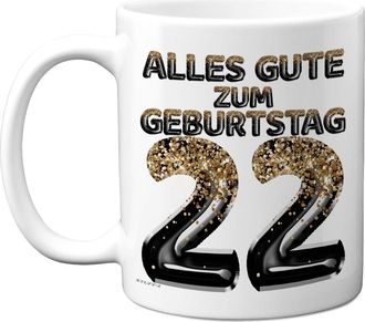Stuff4 22. Geburtstagsgeschenke - Schwarz Gold Glitzerballons Tasse - Geburtstag Tasse für Männer und Frauen, 325 ml Premium-Keramiktasse, Spülmaschinenfest