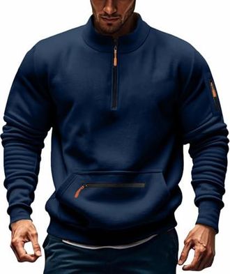 Generic Athletic Sweat à capuche en polaire avec fermeture éclair 1/4 pour homme - Pull dentraînement à manches longues avec poches Tissu léger pour les activ