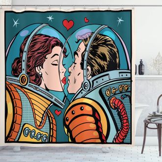 Abakuhaus Liebe Duschvorhang, Cartoon Kuss in Space, Stoffliches Gewebe Badezimmerdekorationsset mit Haken, 175 x 180 cm, Teal Orange
