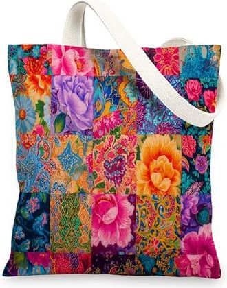 Generic Sac fourre-tout en toile florale artistique, vintage, motif patchwork, sacs à provisions réutilisables, légers et lavables avec bandoulière, multicolo