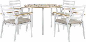 Beliani Gartenm&ouml;bel Set Tisch mit 4 St&uuml;hlen Wei&szlig; mit beigen Sitzkissen Alumunium / Kunstholz Outdoor Indoor Garten Salon Wohnzimmer Terrasse