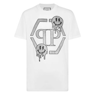 Philipp Plein Homme, Tops, Blanc, Taille: 4XL T-Shirt Col Rond MC Smile