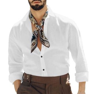 Generic Chemise en lin &agrave; manches longues pour homme - Chemise en coton &agrave; manches longues boutonn&eacute;e en coton blanc - T-shirt fin l&eacute;ger - T-shirt noir - V&ecirc;temen