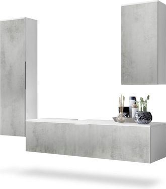 Vladon Badmöbel Komplettset Beach, Made in Germany, Korpus in Weiß matt/Fronten in Beton Oxid Optik