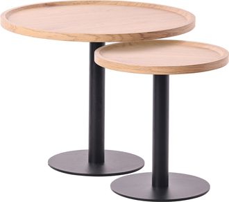 Clp 2er Set Beistelltische Aspen I 2 Couchtische mit runder Tischplatte aus Holz I Wohnzimmertische mit matt-schwarzem Metallgestell, Farbe:Natur