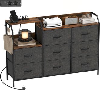 HOMCOM Commode - HOMCOM - station de recharge, 8 tiroirs en tissu, &eacute;tag&egrave;re ouverte - cadre en acier - 130,5x30x88cm - marron rustique