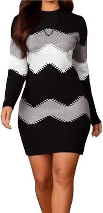Generic Mini robe pull moulante à rayures pour femme - Manches longues - Col rond - Coupe ajustée - Tricot côtelé, Noir/blanc, XXL