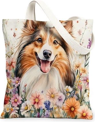 Generic Sac fourre-tout en toile motif chien de Collie de printemps pour faire du shopping, 33 x 38,1 cm, sac r&eacute;utilisable &agrave; motif imprim&eacute; aquarelle pour femm