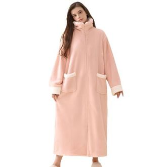 Rismart Femme Peignoir Moelleux Col Carr&eacute; Pleine Longueur Robe de Chambre Mesdames Robe du Matin avec Fermeture Eclair, Rose, XL