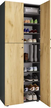 VCM Holz-Schuhschrank/Ma&szlig;e: B. 70 x H. 184 x T. 40 cm/Allzweckschrank / 9 F&auml;cher / 4 Dreht&uuml;ren - Lona