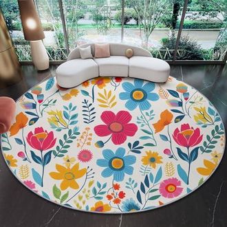 Generic Tapis Rond de Salon Luxe Fleurs boh&egrave;mes color&eacute;es pour Salle &agrave; Manger Bureau Lavable en Machine et Poil Court 150 cm (Round) Tapis Chambre avec Dos Ant
