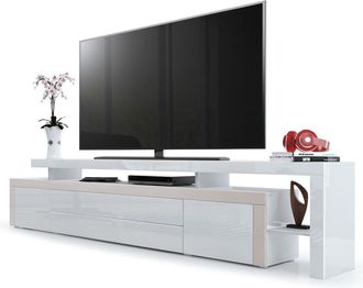Vladon TV Board Lowboard Leon V3, Made in Germany, Korpus und &Uuml;berbau in Wei&szlig; Hochglanz/Front in Wei&szlig; Hochglanz mit Rahmen in Sandgrau Hochglanz (227 x 52 x 