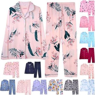 Generic Ensemble de pyjama imprim&eacute; boutonn&eacute; pour femme, pyjama &agrave; manches longues, confortable et respirant, v&ecirc;tement de nuit tendance d&eacute;contract&eacute;, doux et l&eacute;g