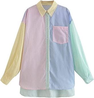 Onsoyours Chemisier à Smocks imprimé à Rayures de Couleur contrastée pour Femmes Chemises décontractées et Chics pour Le Bureau B Bleu Rose XL