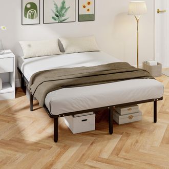 HOMCOM Bettrahmen 140 x 190 cm, 2-Personen-Bett mit Lattenrost aus Massivholz und Fußteil, 26 cm hoch mit Stauraum darunter, kein Federkern erforderlich, ein