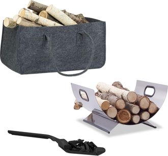 Relaxdays 3 tlg. Kamin-Set, Kaminholztasche, Kaminholzkorb, Kohlenschaufel, Filz, Edelstahl, Stahl, faltbar, silber/schwarz/grau