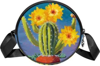 Generic Petit sac &agrave; bandouli&egrave;re rond pour femme, motif fleurs de cactus avec fermeture &eacute;clair, bretelles r&eacute;glables, sac &agrave; main rond d&eacute;contract&eacute; pour femmes et