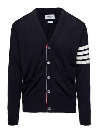 Thom Browne Mens Cardigan Classic V-Neck Blue Virgin Wool Tops Top