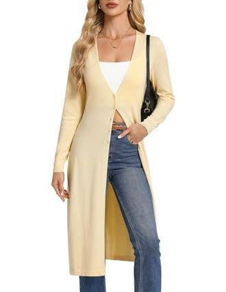 Grace Karin Cardigan long et l&eacute;ger &agrave; manches longues et col en V pour femme, jaune clair, XL
