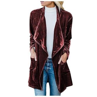 Generic Cardigan long pour femme - T-shirt surdimensionné à manches longues en velours - Cardigan ouvert sur le devant avec poches, Cardigans long vin pour fe