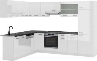 Vicco Eckküche R-Line, Küchenzeile in L-Form, Weiß Hochglanz/Weiß, 227 x 287 cm, AP Anthrazit