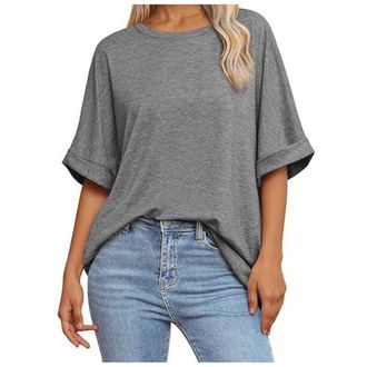 Generic Tunique d&eacute;t&eacute; grande taille pour femme &agrave; manches courtes 2025 - T-shirt long ample pour sortir, d&eacute;contract&eacute;, mignon, solide, occidental, long t-shirt t