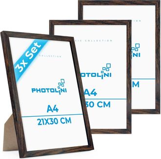Photolini Bilderrahmen A4 Holz MDF Eiche Dunkel, 3er Set DIN A4 Bilderrahmen 21x30 cm, bruchsicheres Acrylglas, picture frame zum Aufhängen & Aufstellen, Rahmen