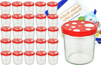 MamboCat 25er Set Sturzglas 350 ml to 82 Fliegenpilz Deckel rot weiß gepunktet incl. Diamant Gelierzauber Rezeptheft Marmeladenglas Einmachglas Einweckglas