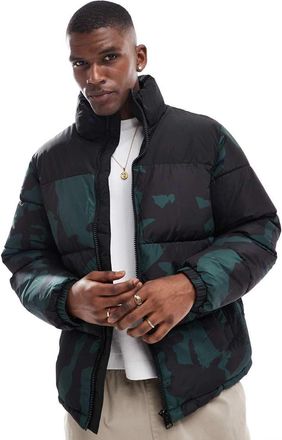 Only & Sons Only & Sons - Kastige Oversize-Pufferjacke in Schwarz mit abstraktem Print-Grün