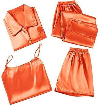 Generic Tenue Sexy Ouverte Coquine Latex Pyjama Court 4 pièces en Satin pour Femmes, vêtements de Nuit à Manches Courtes et Ensemble Short et Haut, Costume de