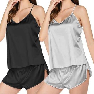 Generic Lot de 2 Pyjama Femme Sexy Chic Dentelle Pyjama Femme Ete Comfy Ensembles de Pyjama Femme à Top Debardeur Femme Col V + Pyjama Short Femme Pyjama Femm
