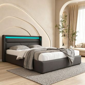 Generic Graues Polsterbett mit Hydraulikfunktion und LED-Lichtleiste, 160x200 cm Doppelbett als vielseitiges Stauraumbett