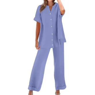 Generic Ensemble de pyjama 2 pi&egrave;ces &agrave; manches longues pour femme - V&ecirc;tement de d&eacute;tente tendance et confortable - Surv&ecirc;tement de nuit pour femme, bleu clair, X