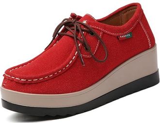 Generic Mocassins &agrave; plateforme en daim pour femme avec soutien de la vo&ucirc;te plantaire et lacets pour la marche, Rouge, 40.5 EU