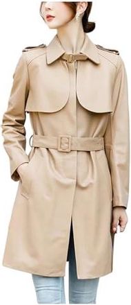 Generic Trench-coat mi-long en cuir v&eacute;ritable pour femme - Veste dhiver en cuir de mouton avec revers crant&eacute;, kaki, L