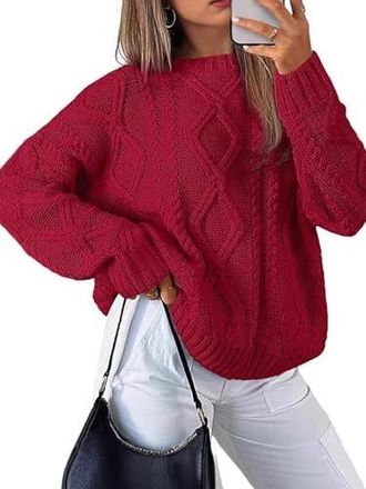 Generic Chandail surdimensionn&eacute; en tricot torsad&eacute; &agrave; col ras-du-cou pour femme, v&ecirc;tements dhiver confortables, manches longues et col rond, pull d&eacute;contract&eacute;, R