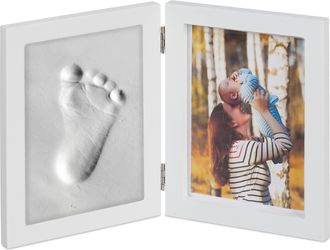 Relaxdays Babybilderrahmen mit Gipsabdruck, Set f&uuml;r Handabdruck oder Fu&szlig;abdruck, DIY Babyabdruck mit Rahmen, wei&szlig;
