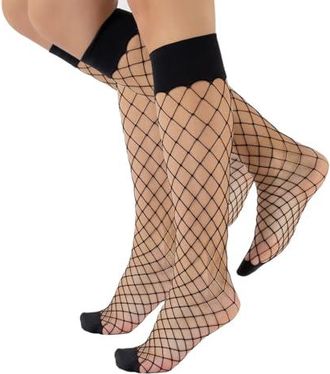 CALZITALY 2 Paires de Mi-Bas Résille Large avec Bande Confort | Noir | Fabriqué en Italie (Taille Unique, Noir)