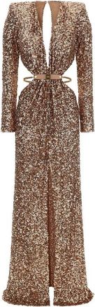 Elisabetta Franchi Femme, Robes, Brun, Taille: 36 FR Robe de Soir&eacute;e &agrave; Sequins avec Ceinture Red Carpet