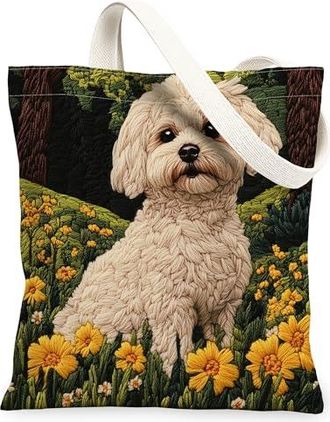Generic Sac fourre-tout en toile motif chien maltais printanier 33 x 38,1 cm, style tricot&eacute;, sac d&eacute;picerie r&eacute;utilisable pour femme, peinture esth&eacute;tique, d&eacute;cor