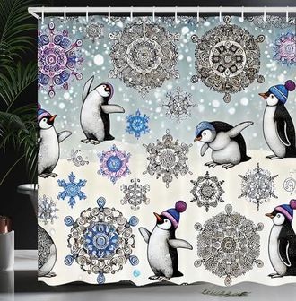 Abakuhaus No&euml;l Rideau de Douche, Pingouins Dansants Neigeux, Tissu Ensemble de D&eacute;cor de Salle de Bain avec Crochets, 175 x 200 cm, Ivoire Violet Bleu