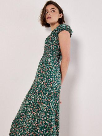 Apricot Midikleid Florales Midikleid mit gesmokter Taille